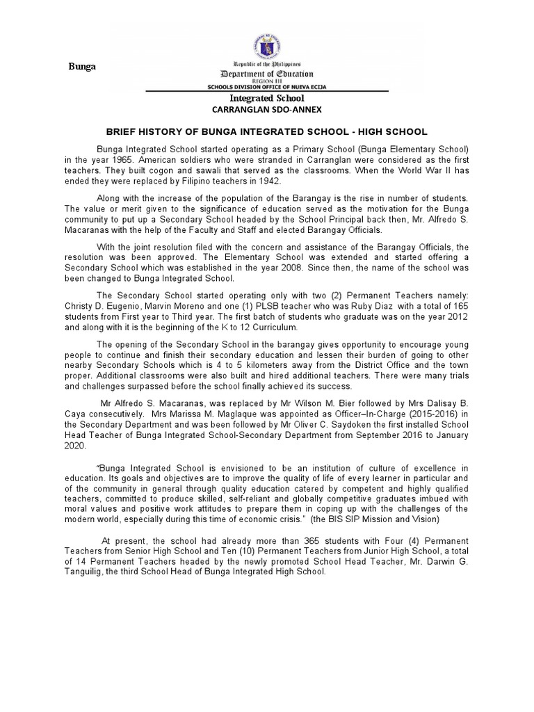 Brief History of Bunga Integrated School High School Sample | PDF ...