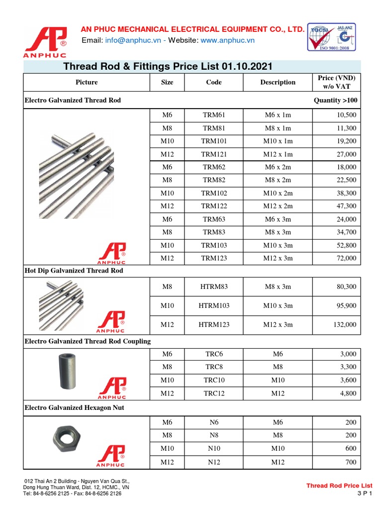 Thread Rod & Fittings Price List 01.10.2021: Email: Website | PDF ...