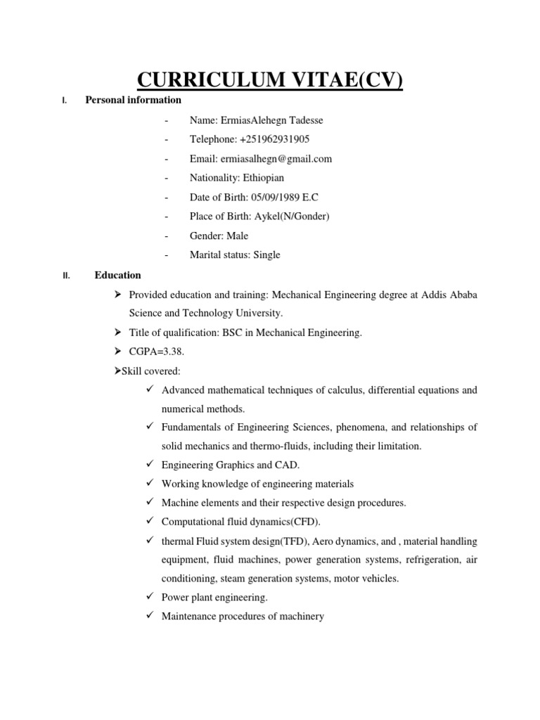 Curriculum Vitae (CV) : Personal Information | PDF | Engineering | Mechanical Engineering