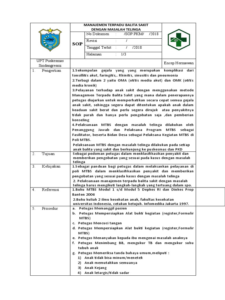 SOP MTBS Dengan Masalah Telinga | PDF | Kesehatan Holistik | Sains & Matematika