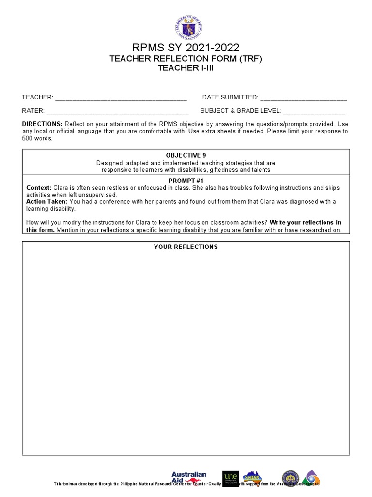 Teacher Reflection Form For T I III For RPMS SY 2021 2022 | PDF ...