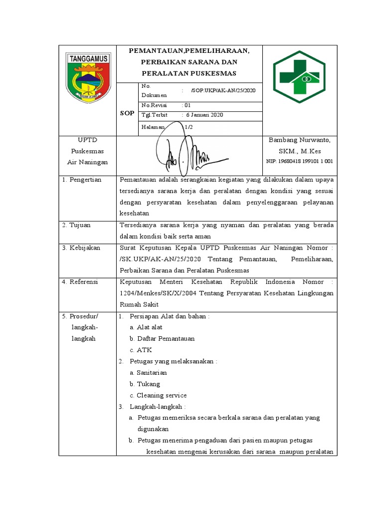 SOP.8.5.1.4.Pemantauan, Pemeliharaan, Perbaikan, Sarana Dan Peralatan Puskesmas | PDF