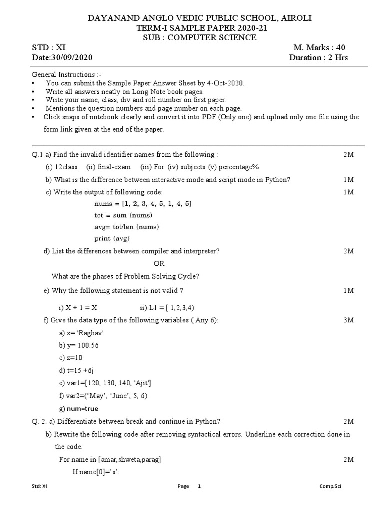 Dayanand Anglo Vedic Public School, Airoli Term-I Sample Paper 2020-21 ...