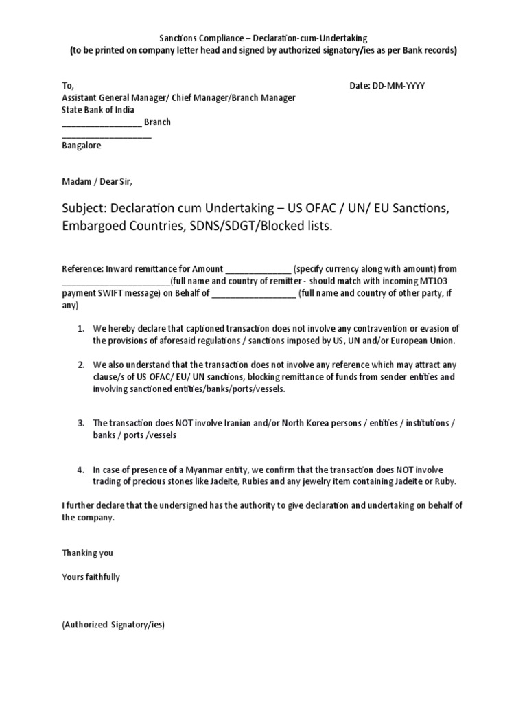 Export Advance Payment - Sanctions Declaration Cum Undertaking ...