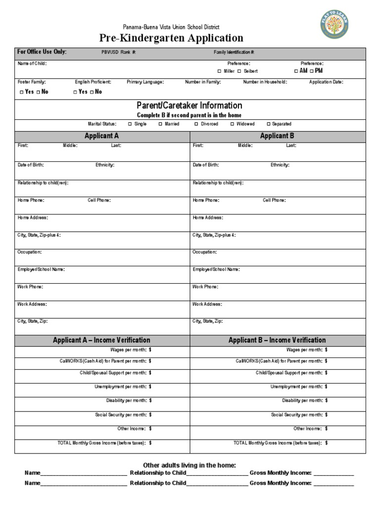 Pre-Kindergarten Application: Parent/Caretaker Information | PDF | Pre ...
