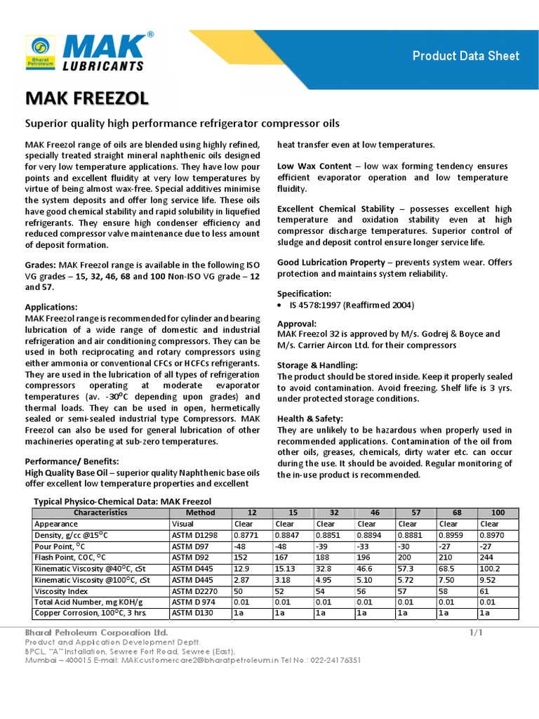 Mak Freezol 68 Oil | PDF | Air Conditioning | Viscosity