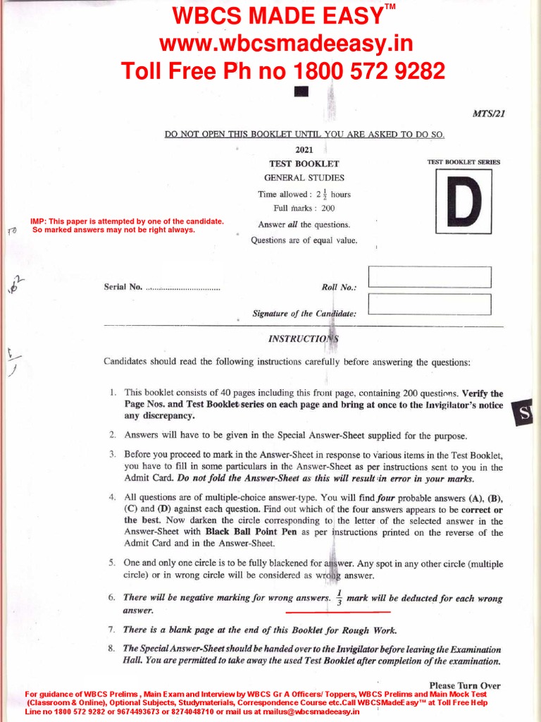 WBCS Preliminary Examination 2021 Solved Question Paper WBCS MADE EASY ...