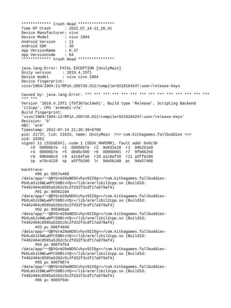Unity Crash Log for Developers | PDF | Mobile Computers | Mobile Software