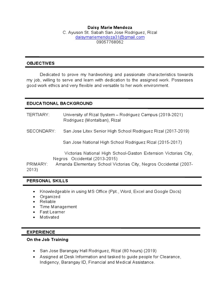 Mendoza, Daisy Resume | PDF | Self-Improvement | Wellness