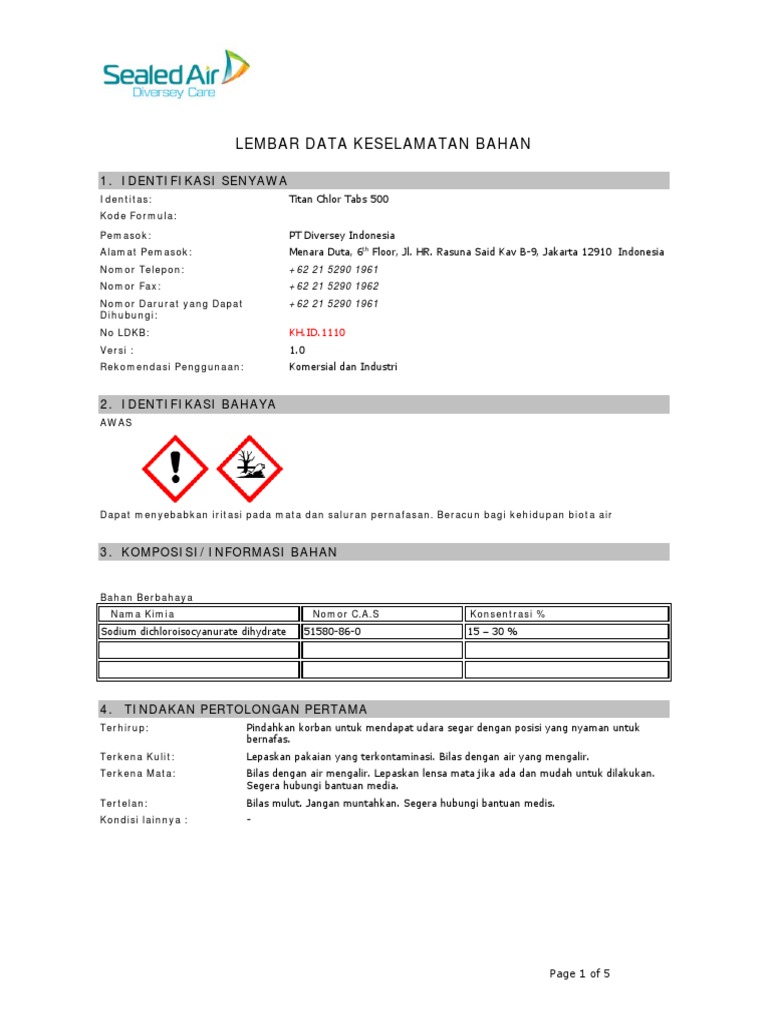 WTP - Msds Titan Chlor Tabs 500 - Msds Bhs-020216-1 | PDF