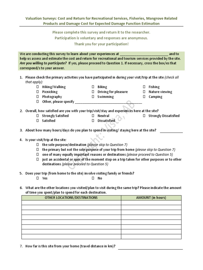 Questionnaire For Recreational and Tourist Areas 1 | PDF | Fee | Economies