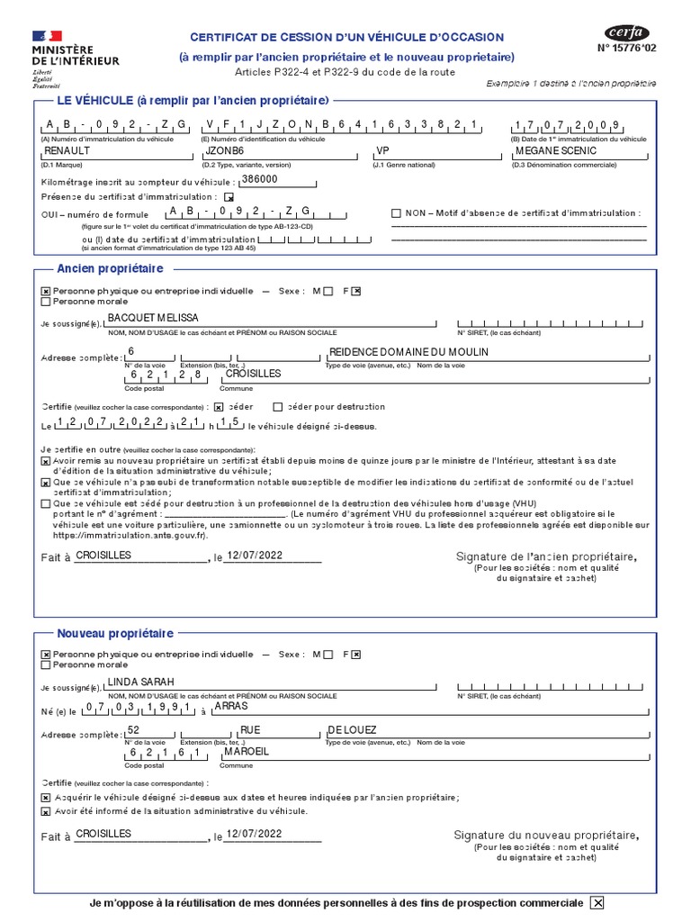 Certificat de cession véhicule d'occasion | PDF | Transport | Véhicules