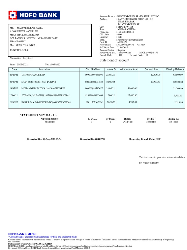 HDFC Bank Statement PDF | PDF | Payments | Economies