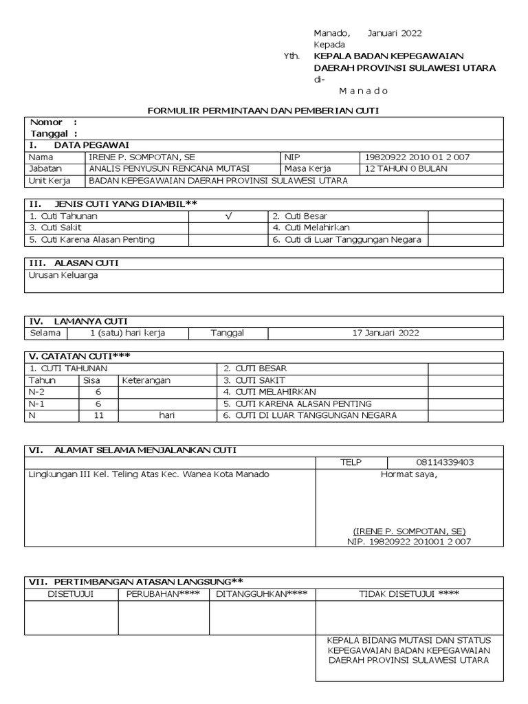Format Cuti Tahunan Ijin 2022 Dari BKD | PDF