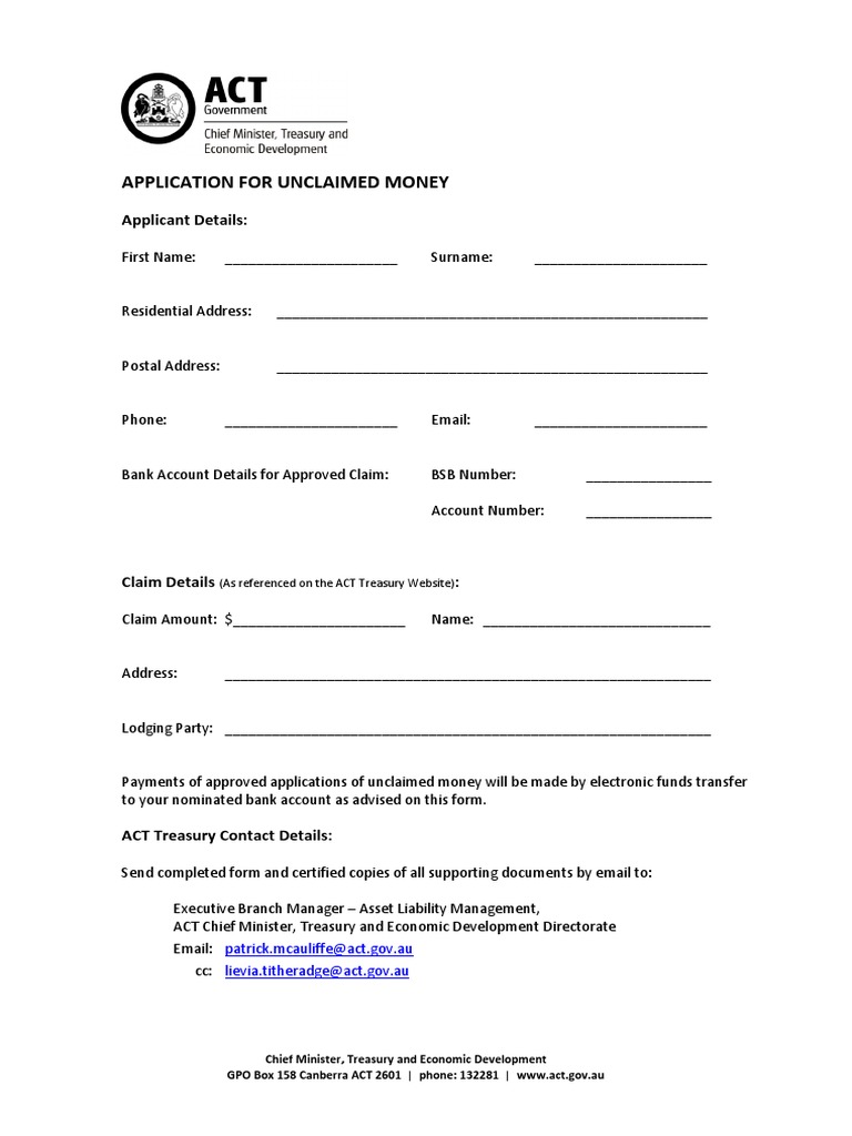 Application For Unclaimed Money: Applicant Details | PDF | Justice Of ...