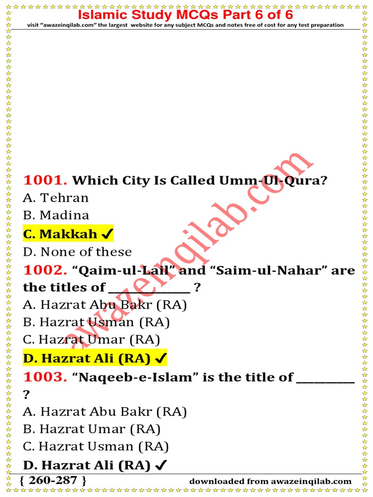 Islamic Study Mcqs PDF Part 6 | PDF | Muhammad | Surah