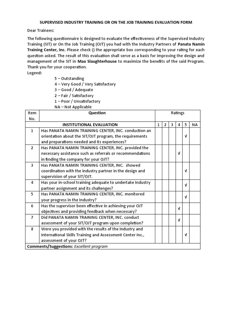 Supervised Industry Training or On The Job Training Evaluation Form | Download Free PDF ...