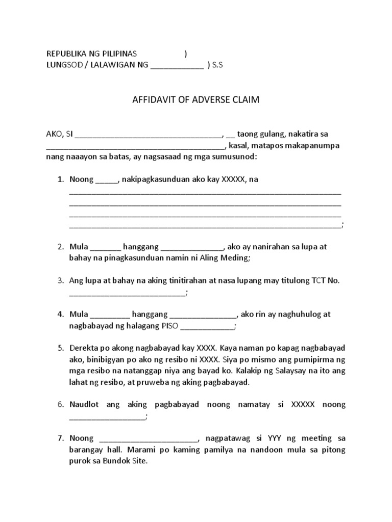 Sample Form Affidavit Of Adverse Claim - Form example download