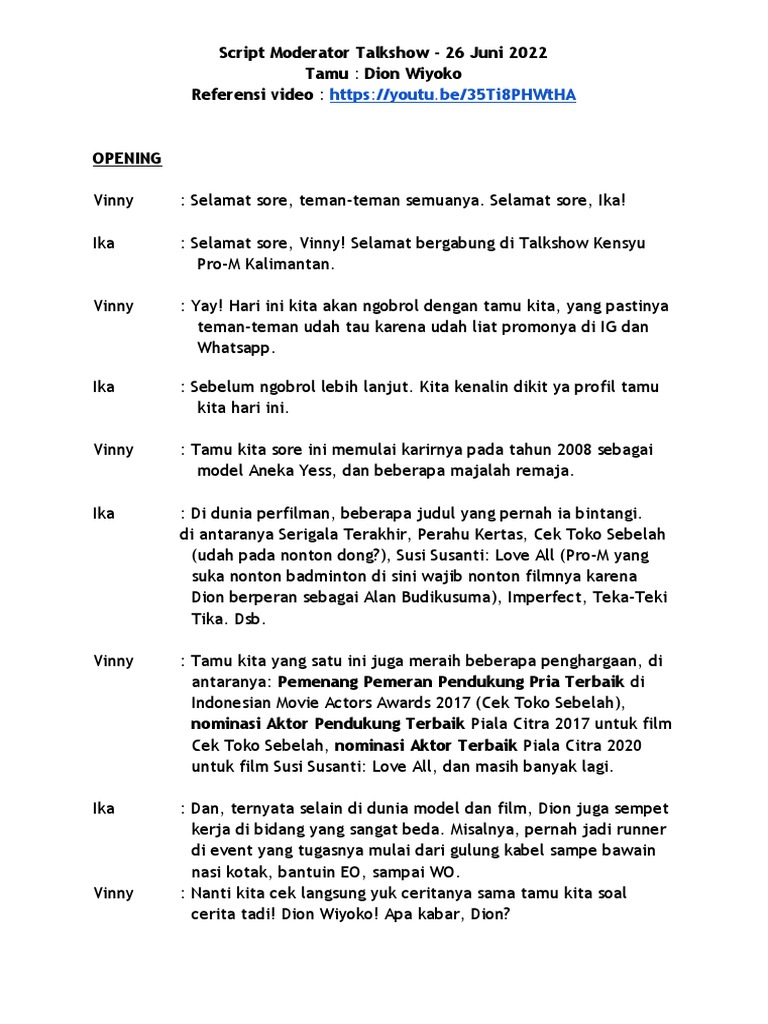 Script - Moderator Talkshow - 26 Juni | PDF