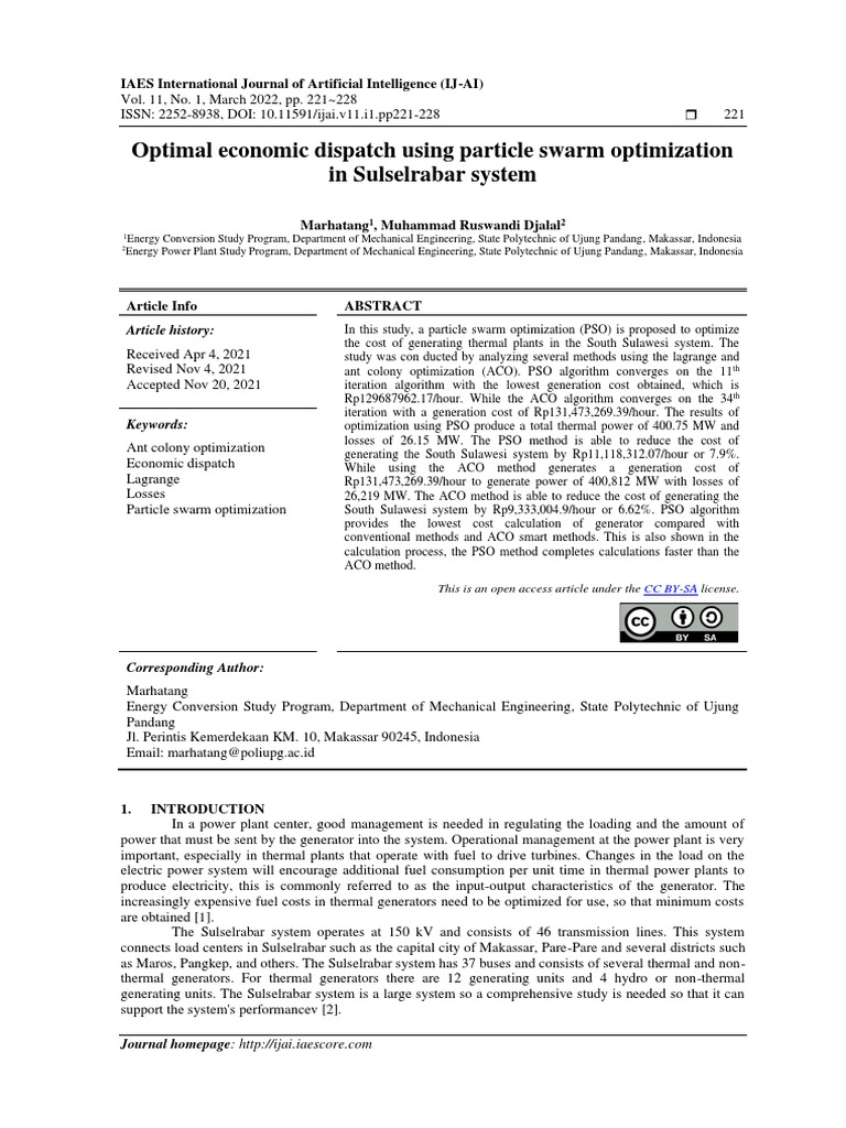 Optimal Economic Dispatch Using Particle Swarm Optimization In Sulselrabar System Pdf 