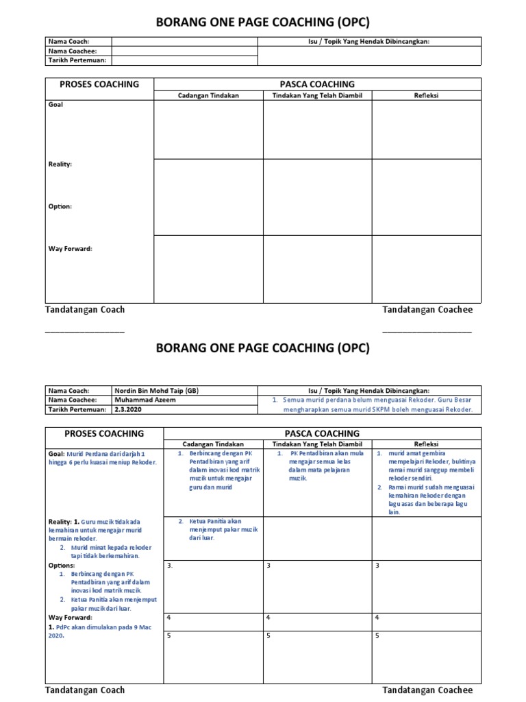 Borang One Page Coaching | PDF