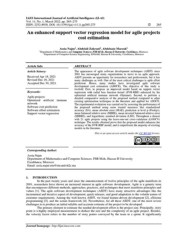 An Enhanced Support Vector Regression Model For Agile Projects Cost Estimation Pdf Agile