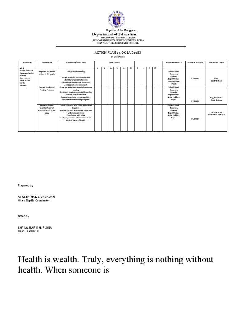 Department of Education: Action Plan On Ok Sa Deped | PDF | Non ...