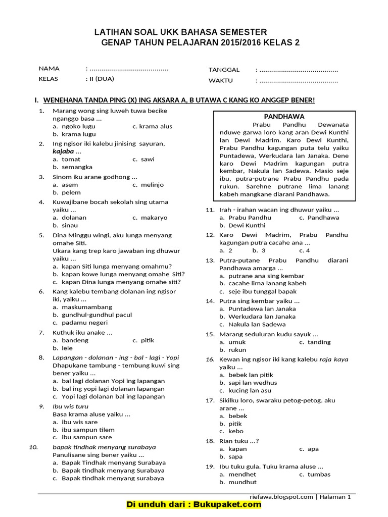 Soal UKK Bahasa Jawa Kelas 2 SD Dan MI | PDF