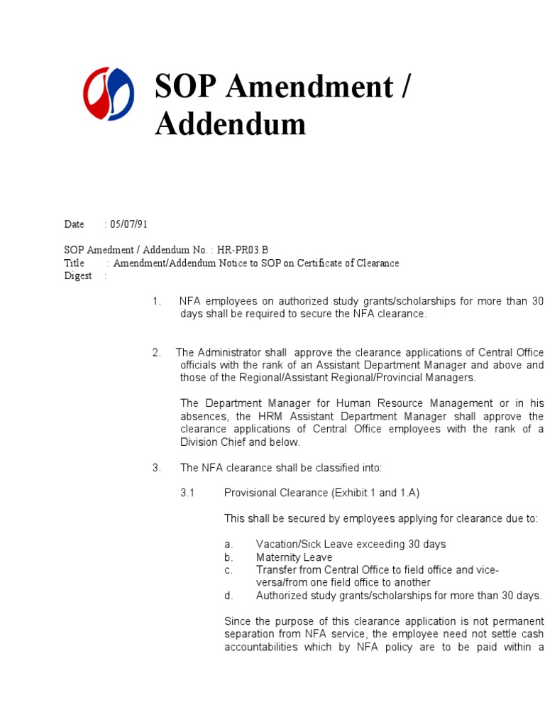 NFA SOP Amendment on Clearance Process | PDF | Employment | Human Resources