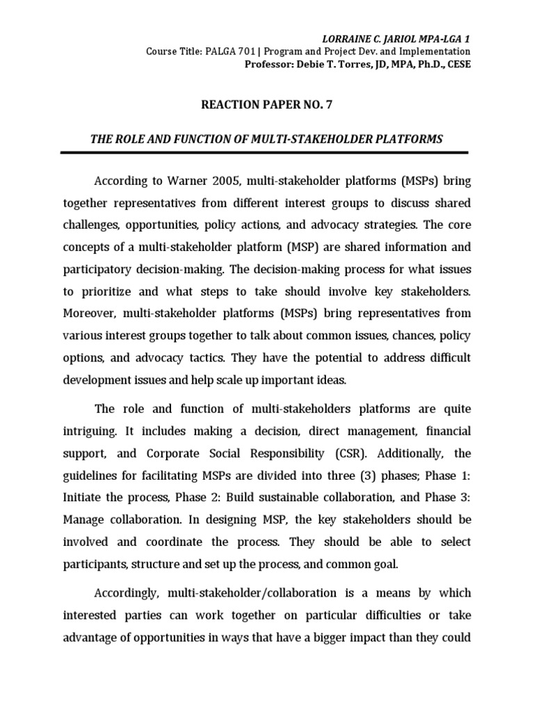 The Role and Functions of Multi-Stakeholder Platforms | PDF ...