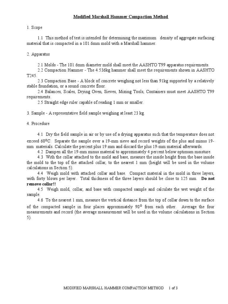 Modified Marshall Hammer Compaction Method 1 of 3 | PDF | Density ...