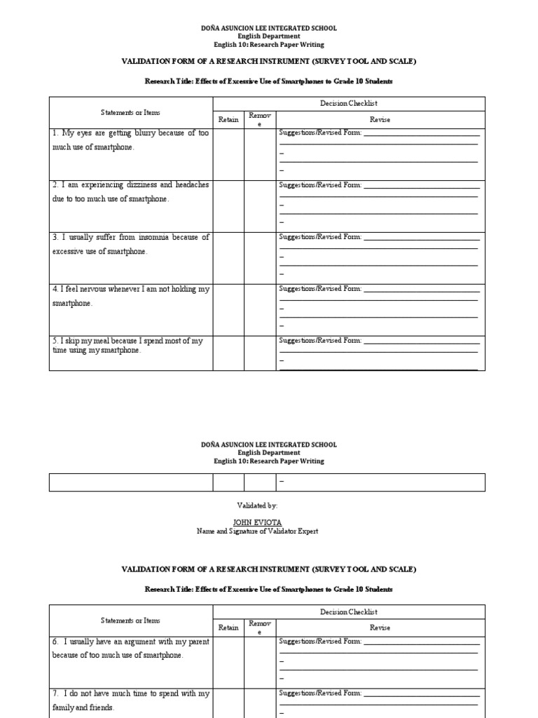Validation Form Of Instrument Final Pdf