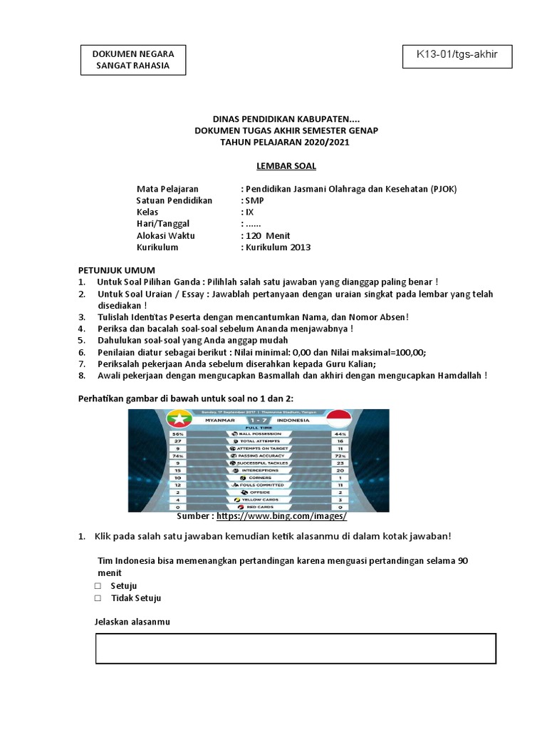 SOAL AKM PJOK Kelas 9 Rev. | PDF