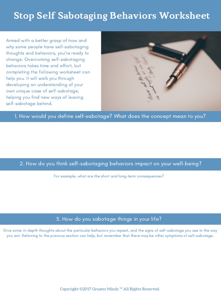 Stop Self Sabotaging Behaviors Worksheet | PDF | Thought | Behavior