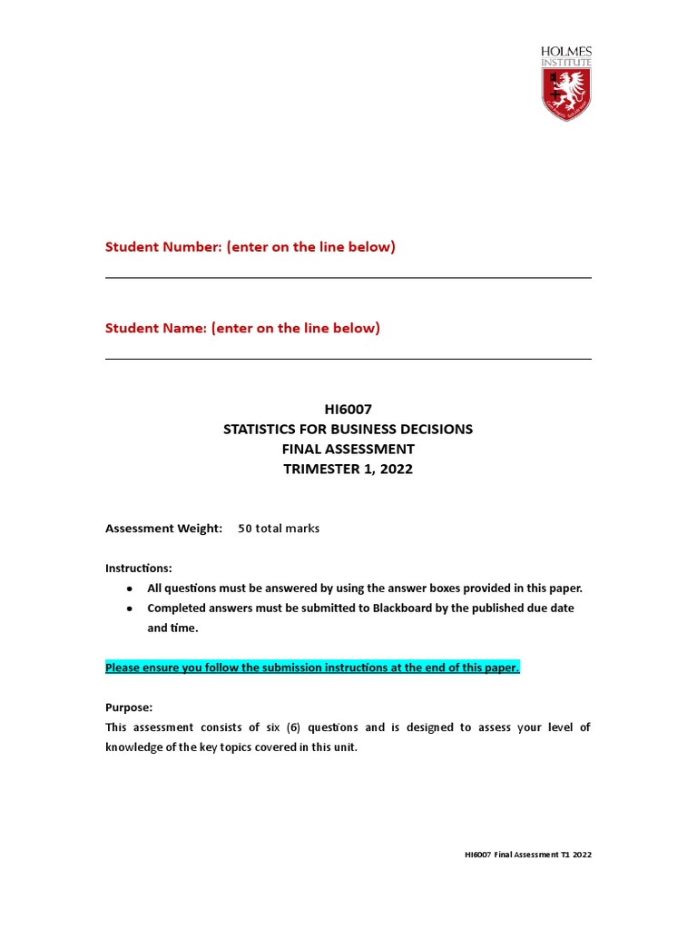 HI6007 Business Statistics Exam | PDF | Errors And Residuals | Analysis ...