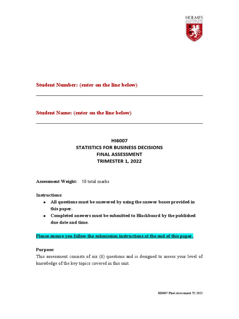 HI6007 Statistics Final Assessment 2022 | PDF | Statistical ...