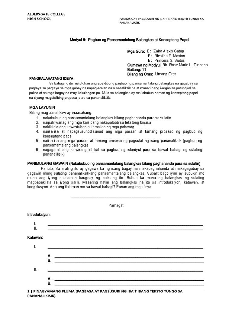 Modyul 9 Pagbuo Ng Pansamantalang Balangkas At Konseptong Papel Pdf