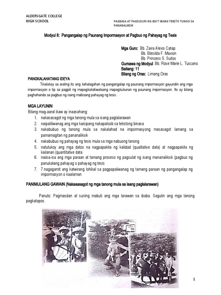 Modyul 8 Pangangalap NG Paunang Impormasyon at Pagbuo NG Pahayag NG ... Modyul 8 Pangangalap NG Paunang Impormasyon at Pagbuo NG Pahayag NG ...