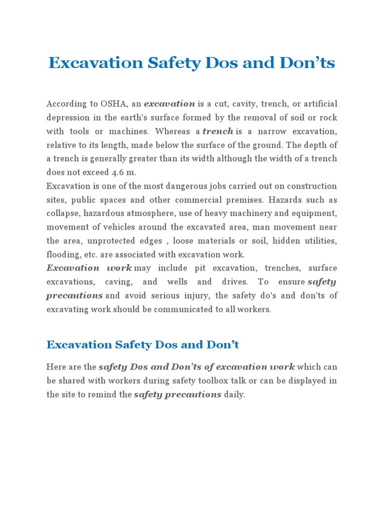 Excavation Safety Dos and Donts | Download Free PDF | Safety | Trench