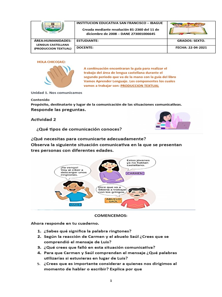 Guia de Lenguaje Produccion Textual Grado 6º p2 | PDF | Comunicación ...