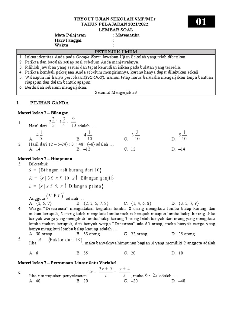 Tryout Us Matematika | PDF