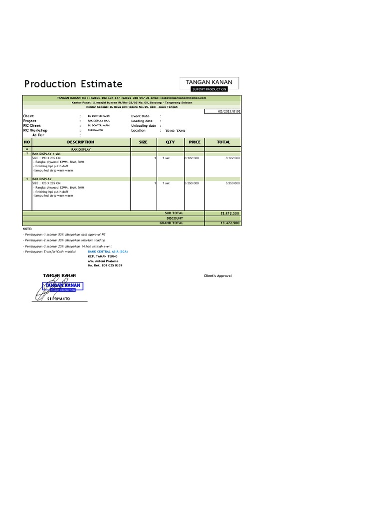 Production Estimate: NO Description Size QTY Price Total | PDF