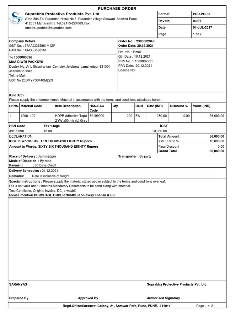 Purchase Order Suprabha Protective Products Pvt. LTD | PDF | Receipt ...