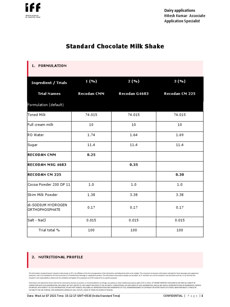 Standard Chocolate Milk Shake@IFF | PDF | Foods | Nutrition