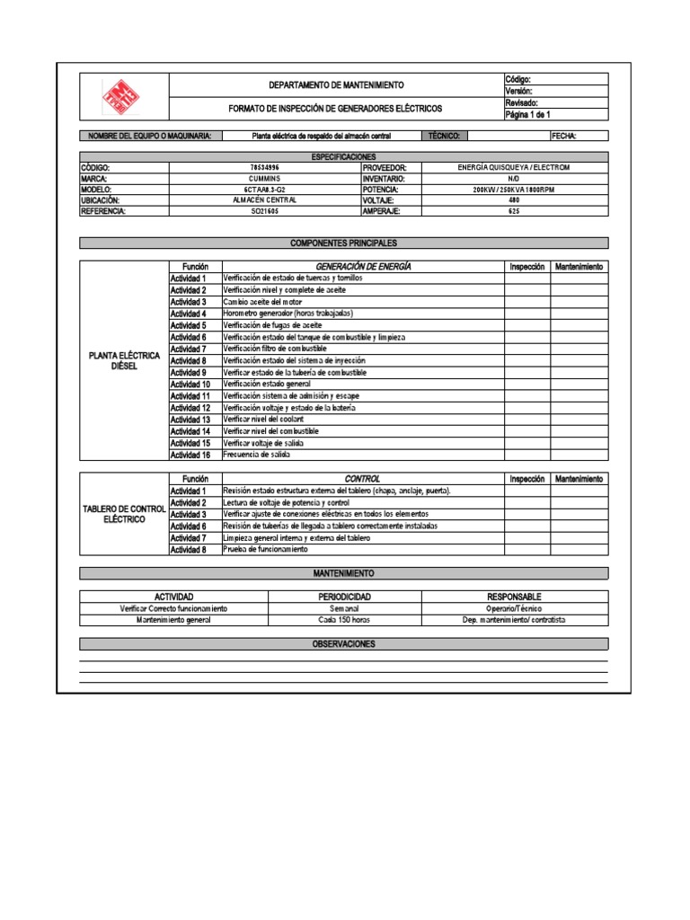 Formato Hoja de Mtto Planta Elec | PDF | Ingenieria Eléctrica