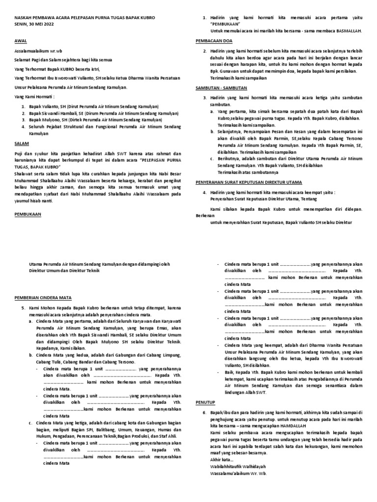 NASKAH PEMBAWA ACARA PELEPASAN PURNA TUGAS BP Kubro | PDF
