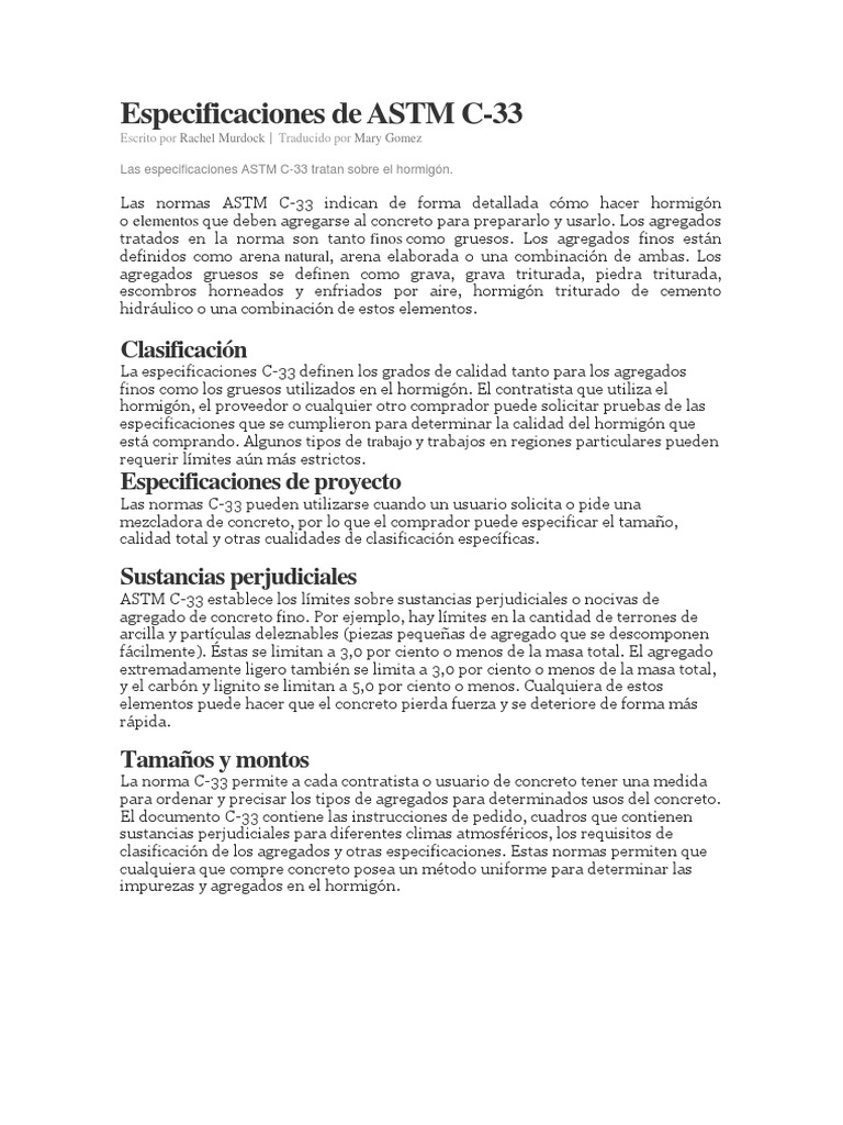 Especificaciones de ASTM C 33 | PDF
