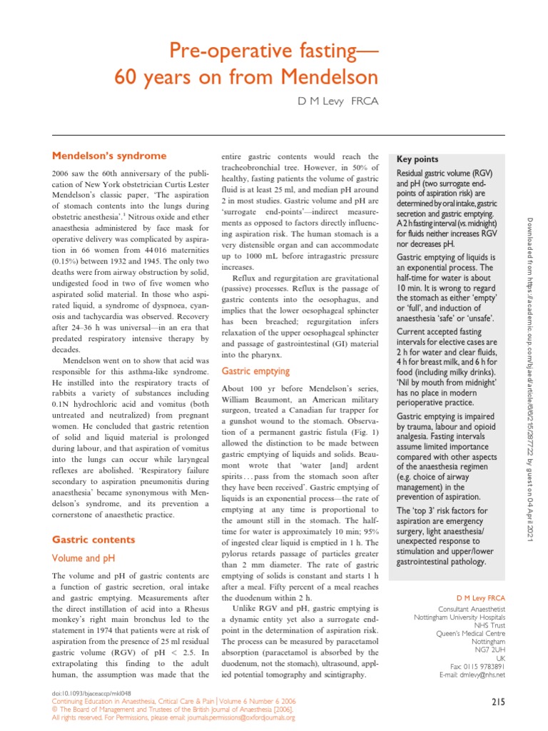Pre-Operative Fasting - 60 Years On From Mendelson | PDF | Anesthesia ...