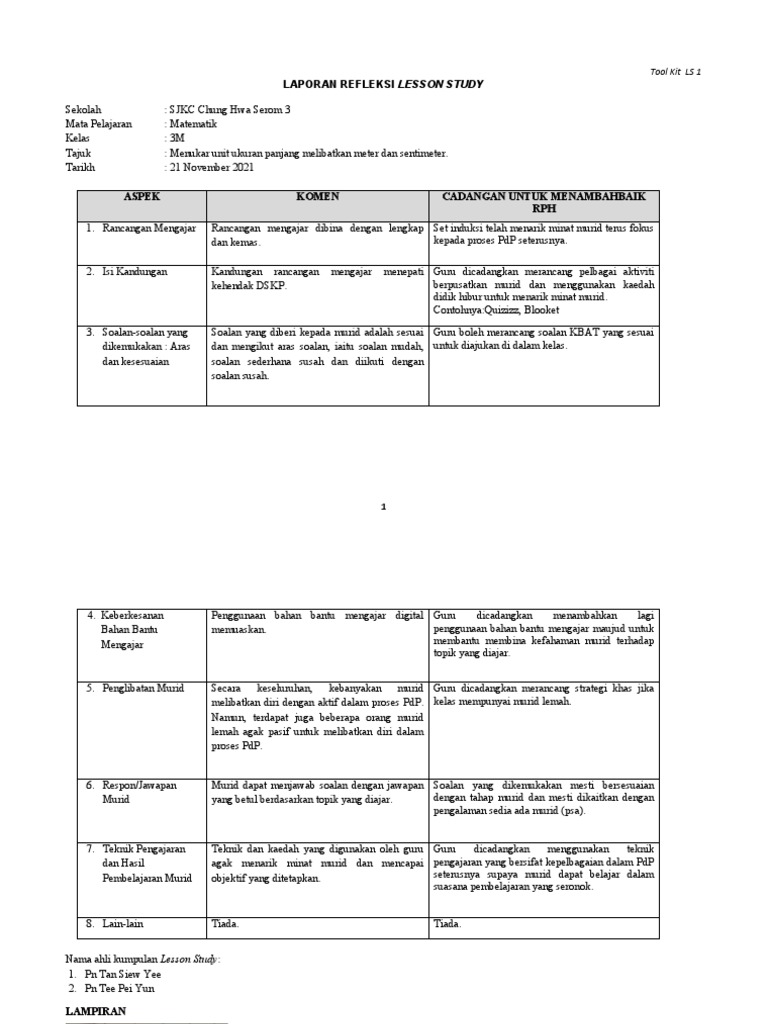 Laporan Refleksi Lesson Study (Matematik 3M) | PDF