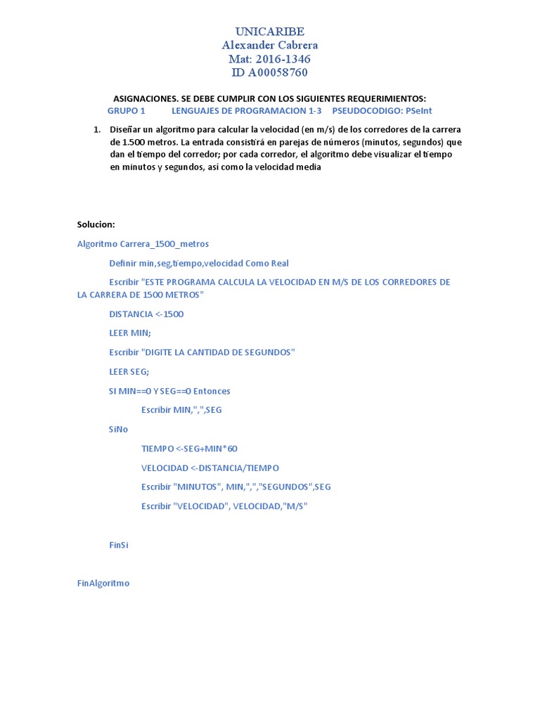 Algoritmos para Cálculo de Velocidad y Área | PDF | Algoritmos ...